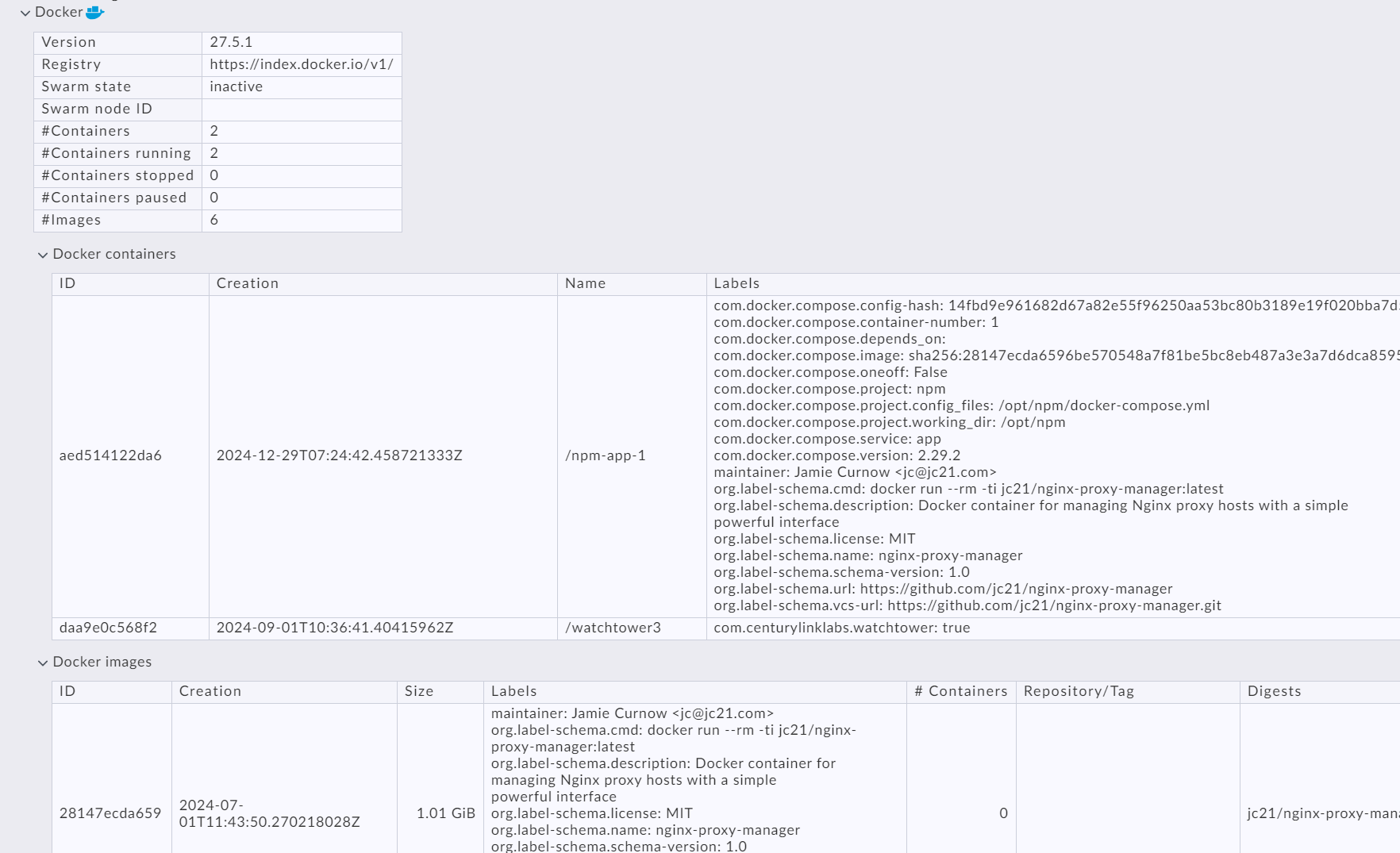 SW Inventory missing Name, Creation, Labels, Status, Image for Docker containers (only ID is ...