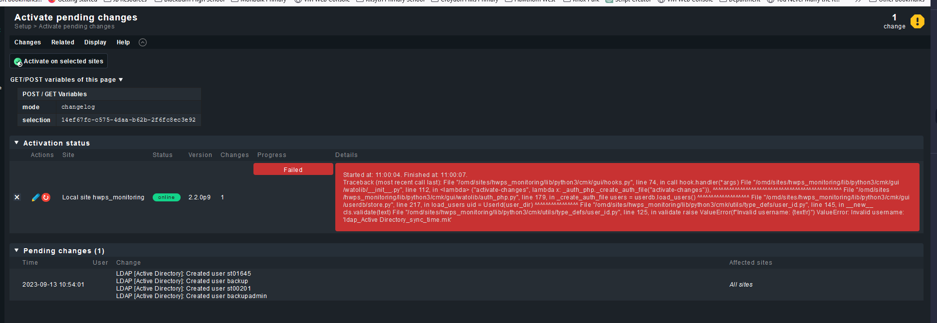 Unable to apply any site changes after LDAP configuration ...